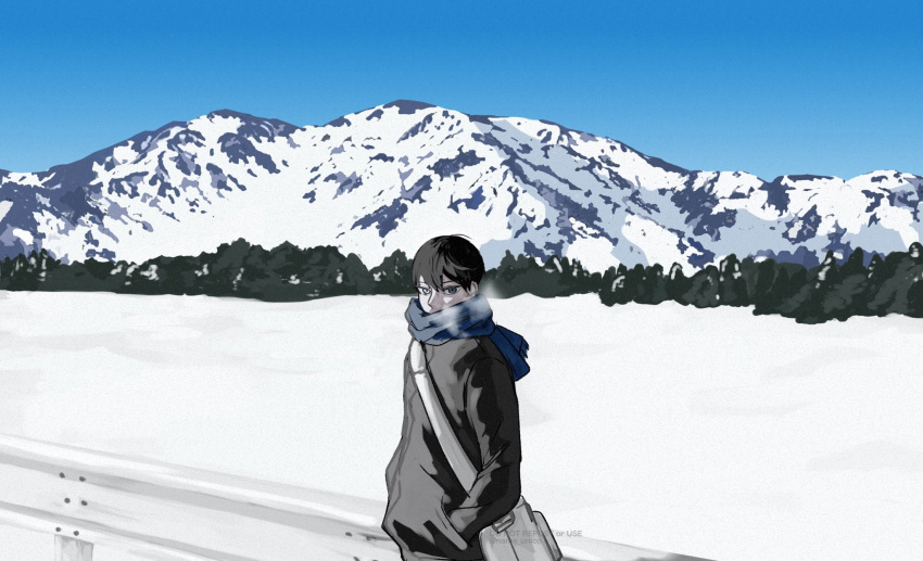 Safebooru - 1boy bag black hair black hoodie blue eyes blue scarf ...