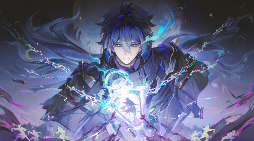 Safebooru - 1boy absurdres bat (animal) black coat blue hair broken ...