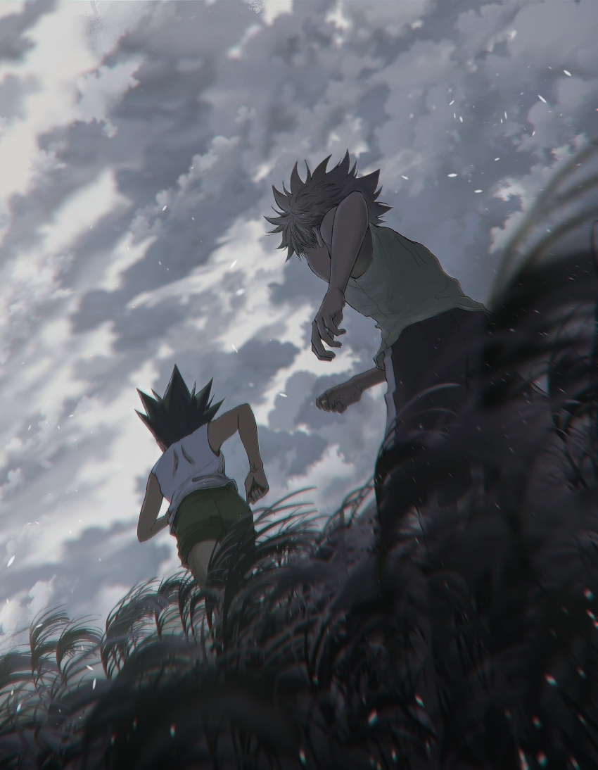 Safebooru - 2boys absurdres black hair clouds cloudy sky from below gon ...