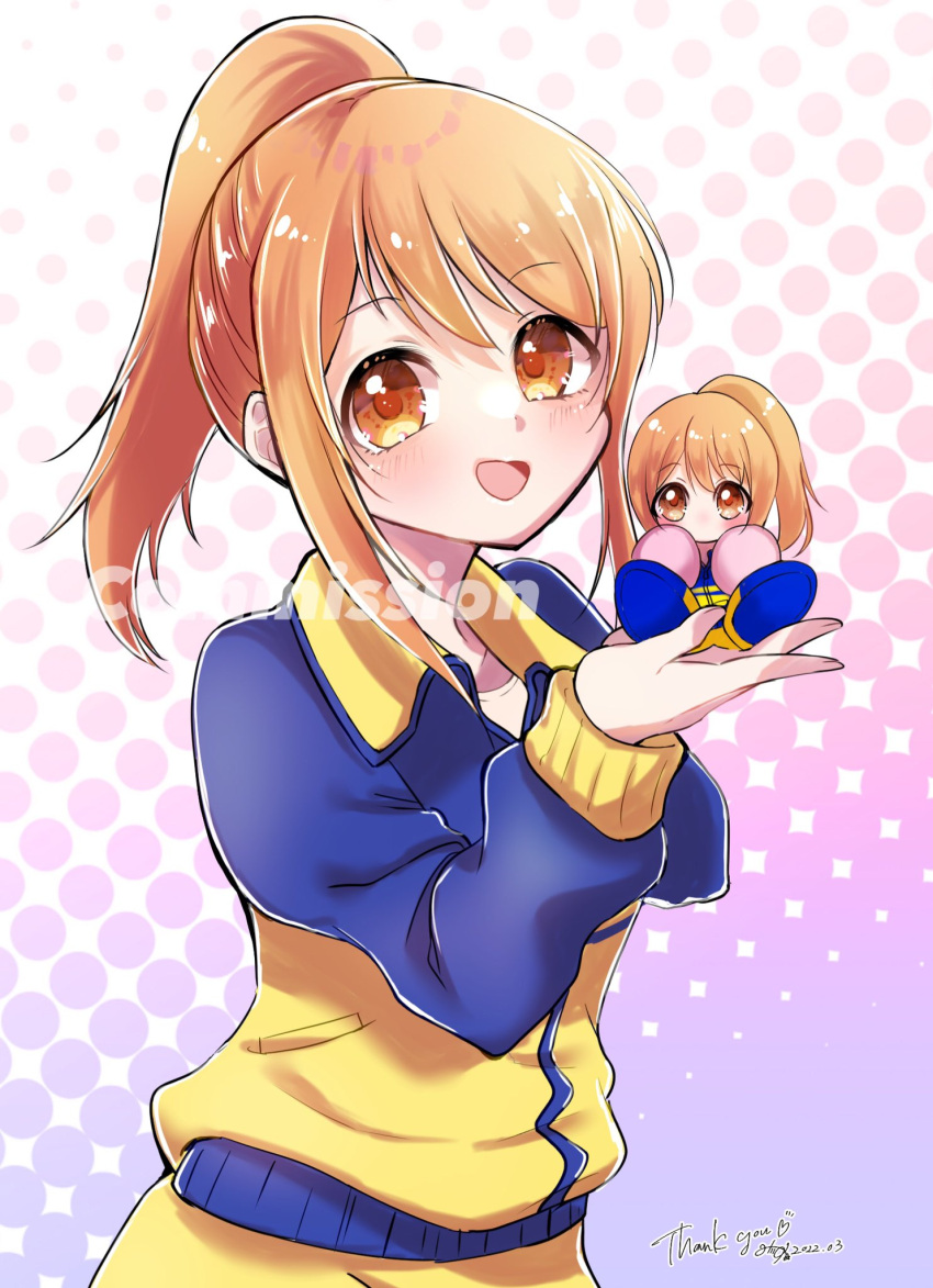 Safebooru - 1girl 2022 blue jacket brown eyes chibi commentary request ...