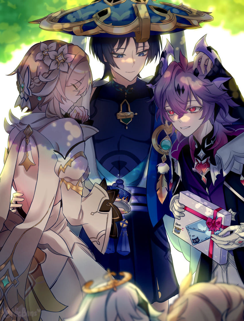 Safebooru - 2girls 3boys absurdres ahoge albedo (genshin impact) aqua gem armpit crease backless ...