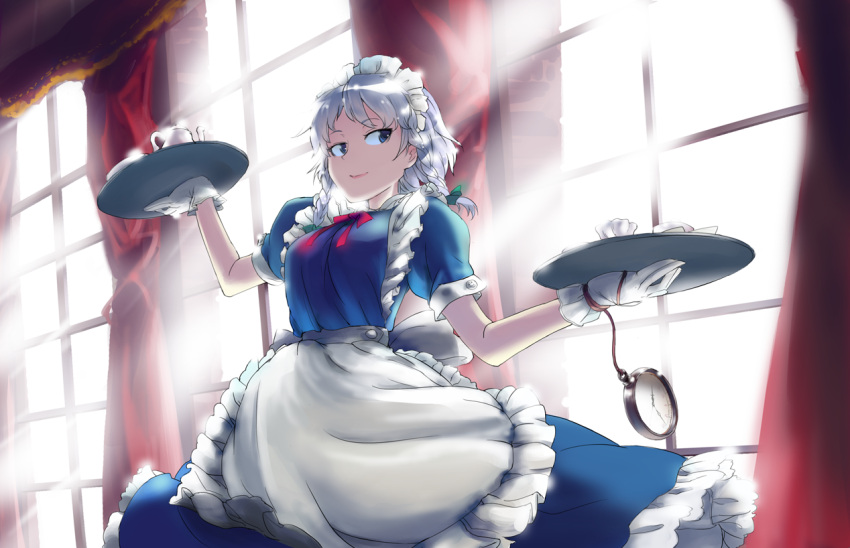 Safebooru - 1girl apron backlighting blue dress blue eyes braid curtains dress gloves izayoi ...