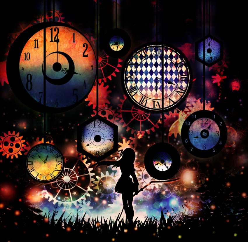 Safebooru - 1girl akemi homura bow (weapon) clock gears grass hair ...