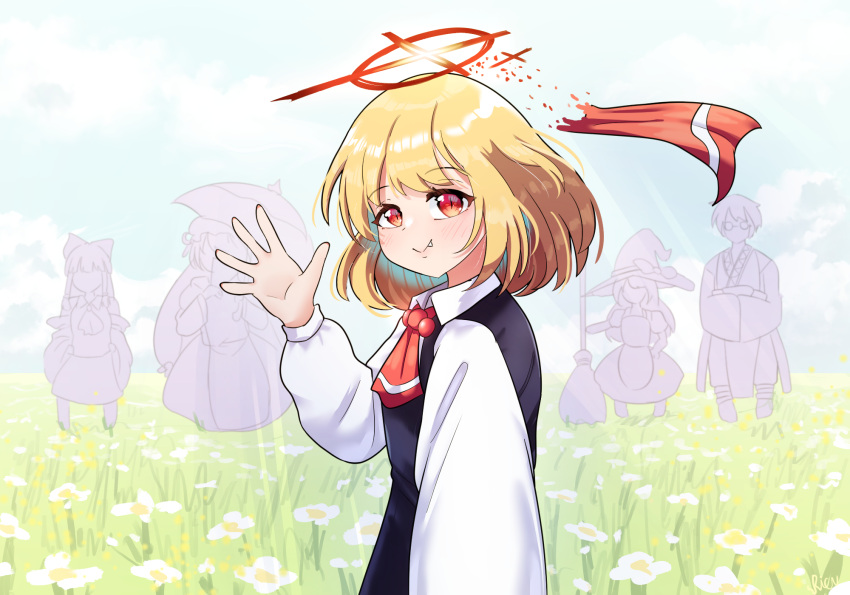Safebooru - 1boy 4girls ascot blonde hair blue sky closed mouth ...