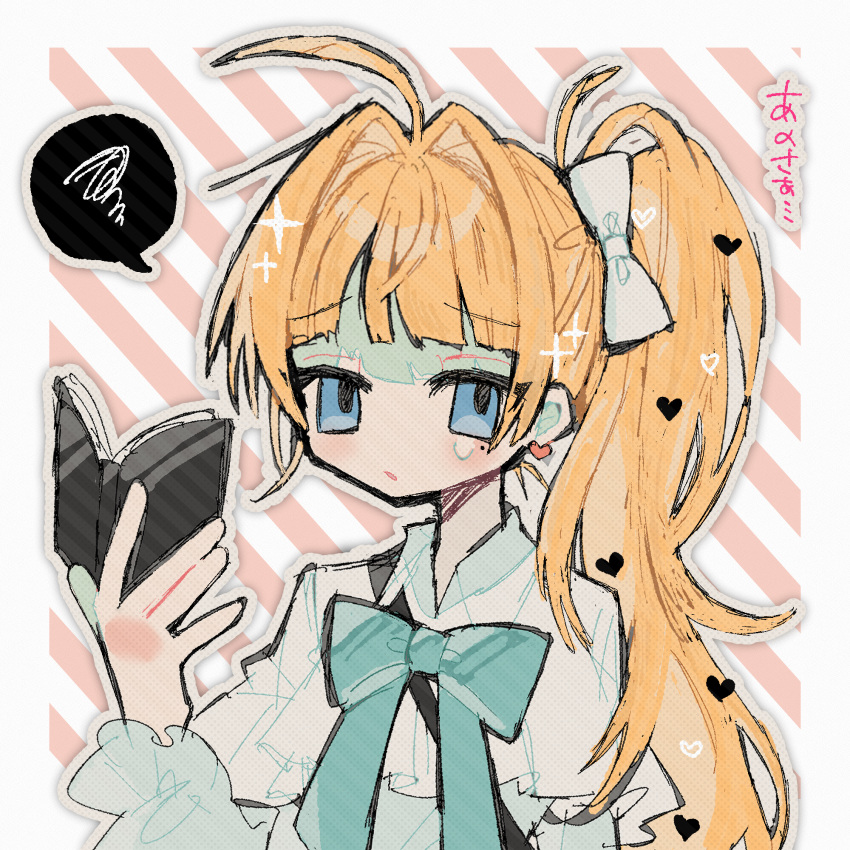 Safebooru - 1girl aqua bow aqua bowtie blonde hair blue eyes book bow ...