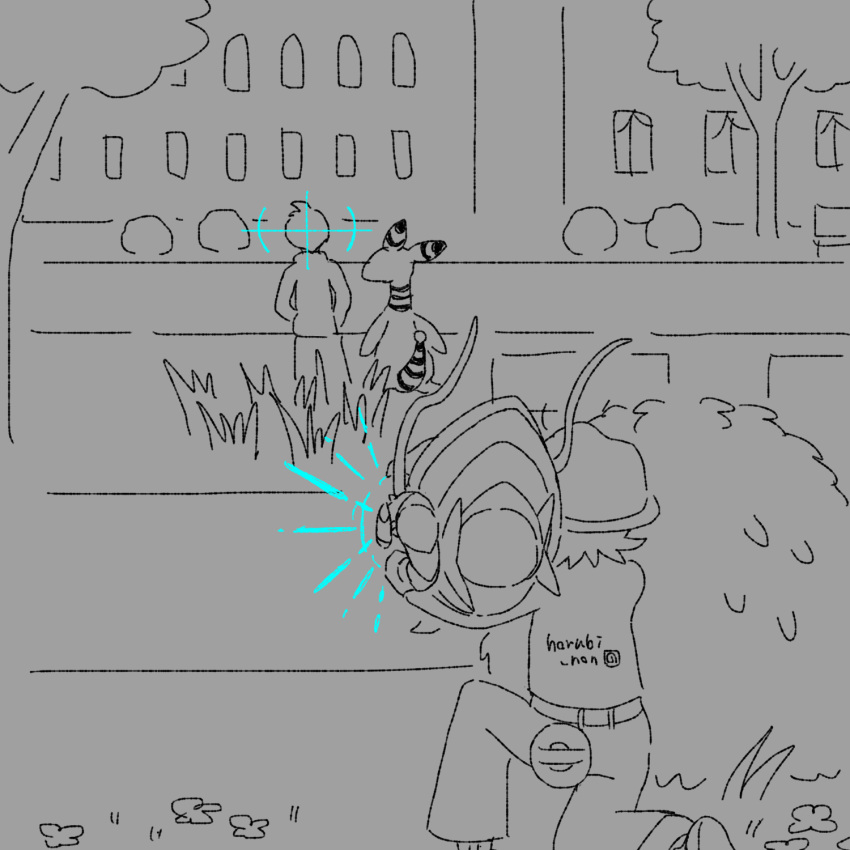 Safebooru - 1boy 1other aiming ampharos building bush clawitzer ...