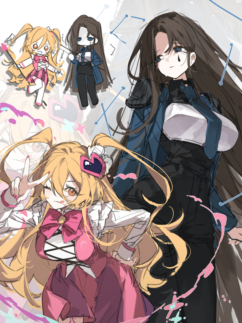 Safebooru - 2girls :q absurdres black pants blonde hair brown hair ...