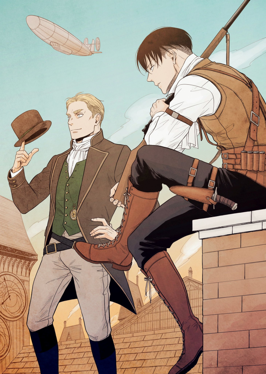 Safebooru - 2boys aircraft alternate universe arm belt arm up black ...