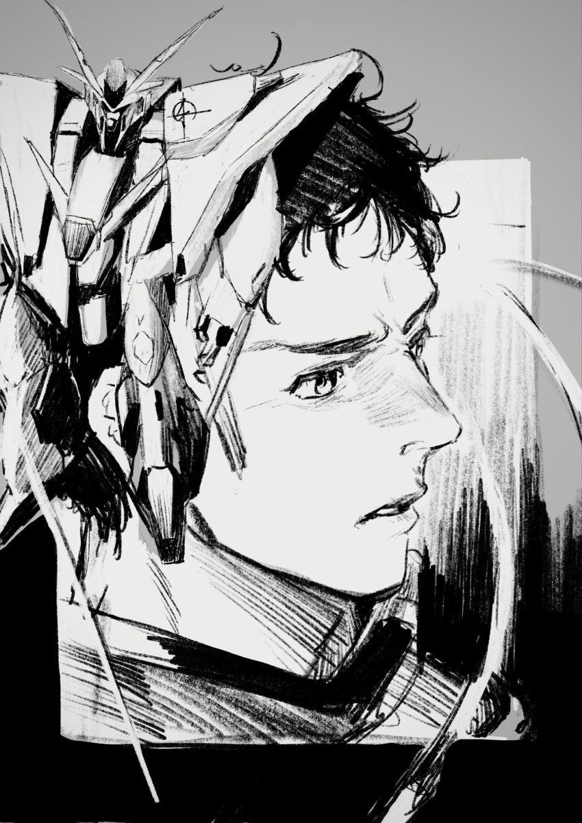 Safebooru - 1boy akawakesen from side greyscale gundam gundam hathaway ...