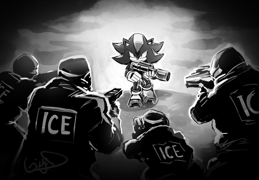 Safebooru - 5boys absurdres aiming commentary english commentary frown ...