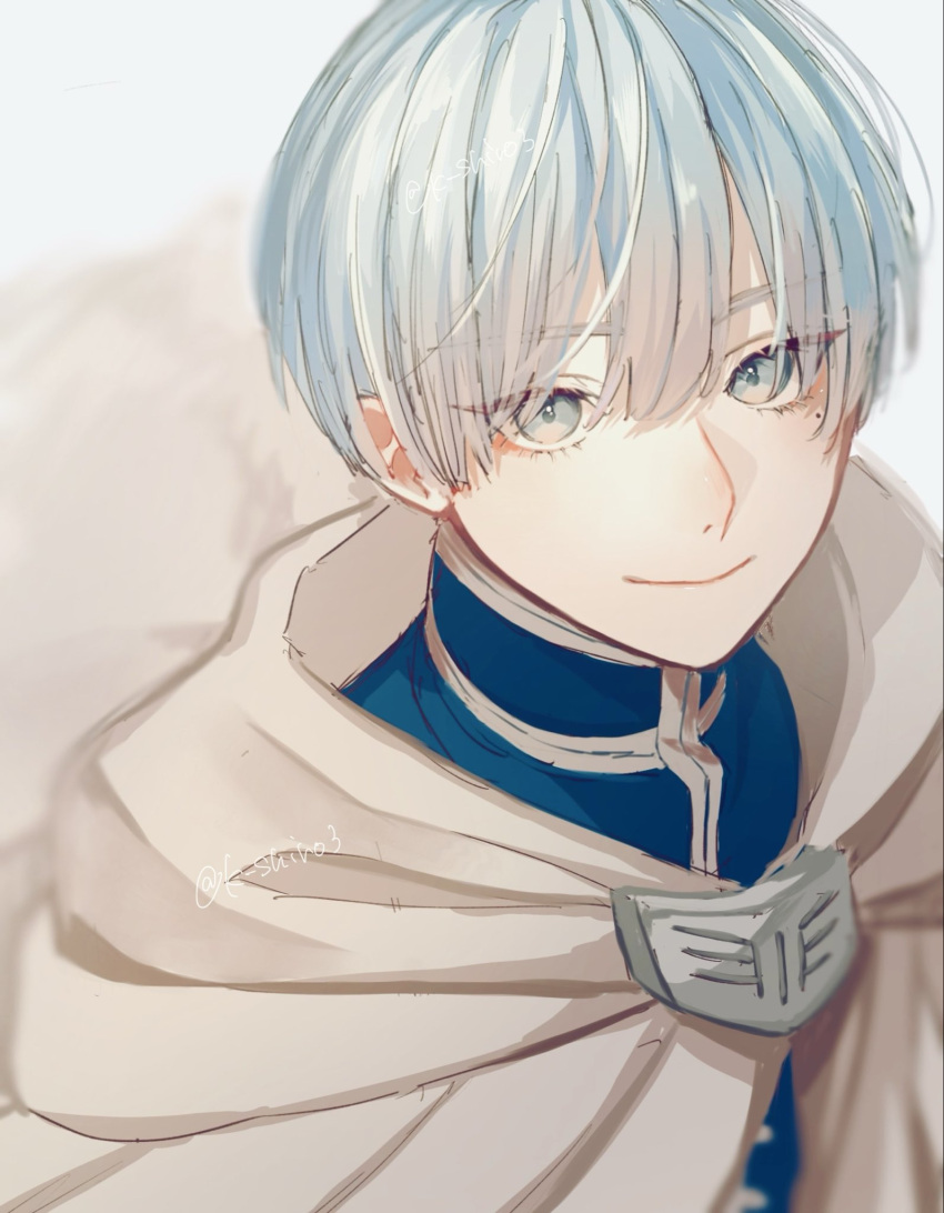 Safebooru - 1boy bai mei blue eyes blue hair blue shirt cape closed ...