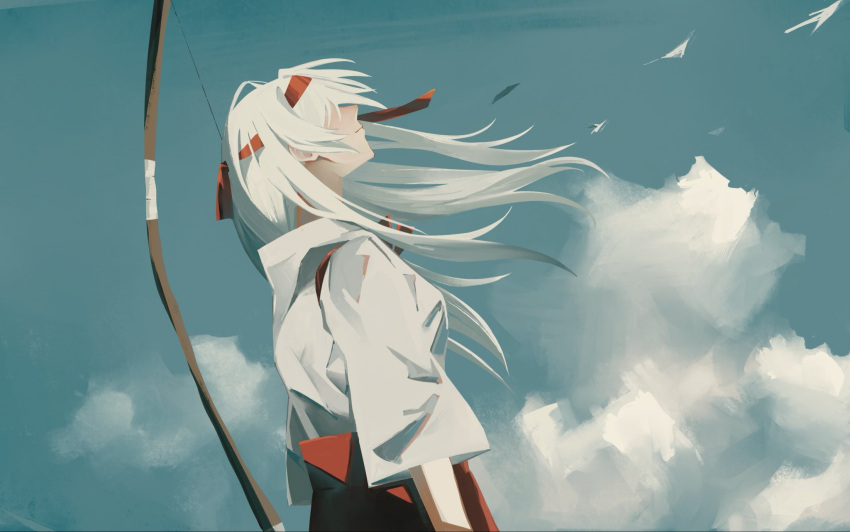 Safebooru - 1girl blue sky bow (weapon) closed mouth clouds commentary ...