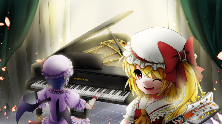 Safebooru - 2girls ascot bat wings blonde hair blue hair bow cherry blossoms fang flandre ...