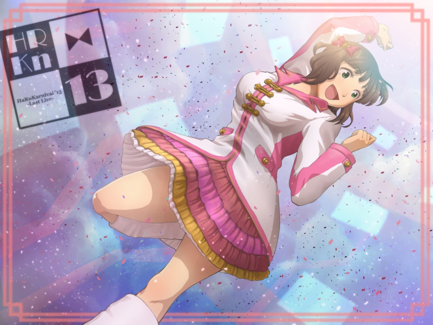 Safebooru - 1girl amami haruka arm up blush boots bow brown hair chiaki rakutarou dress green ...