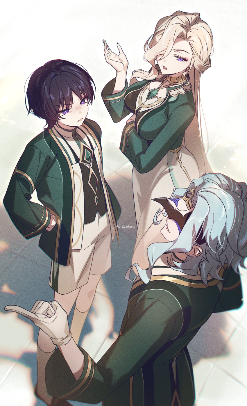 Safebooru - 1girl 2boys akademiya uniform alternate costume arm up ...