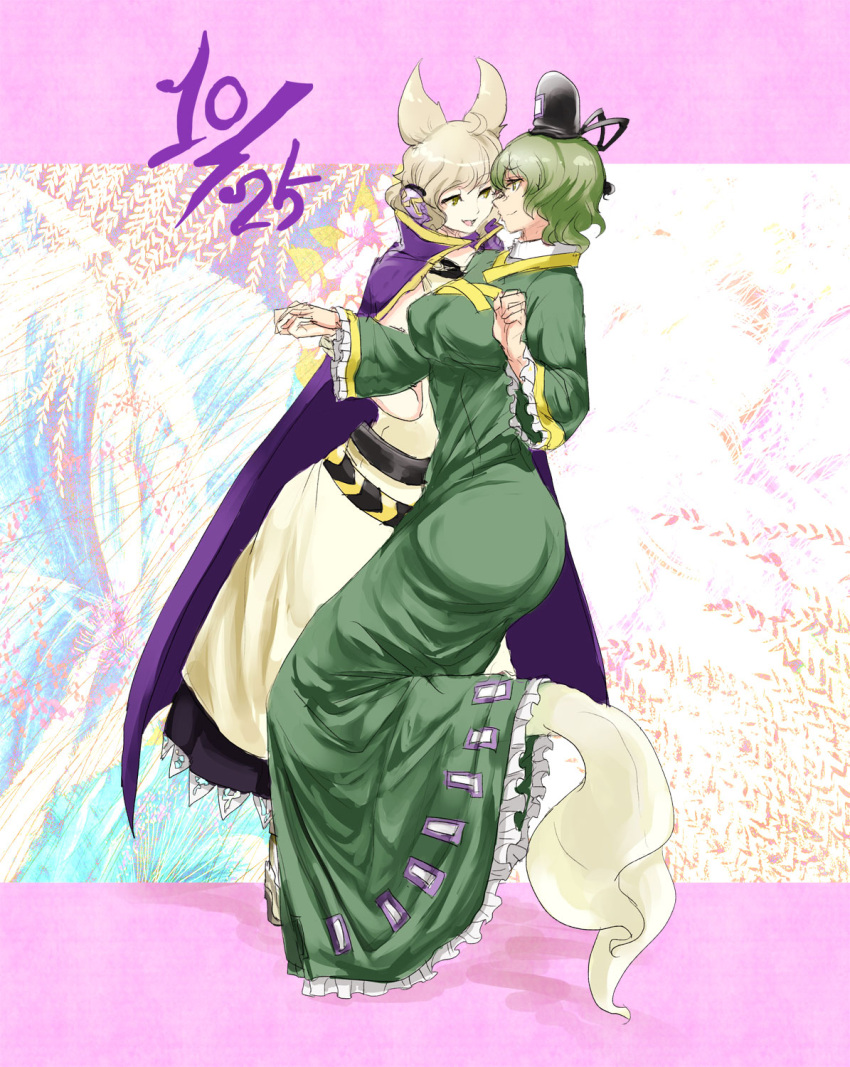 Safebooru - 2girls belt blonde hair cape dress ghost tail green dress ...
