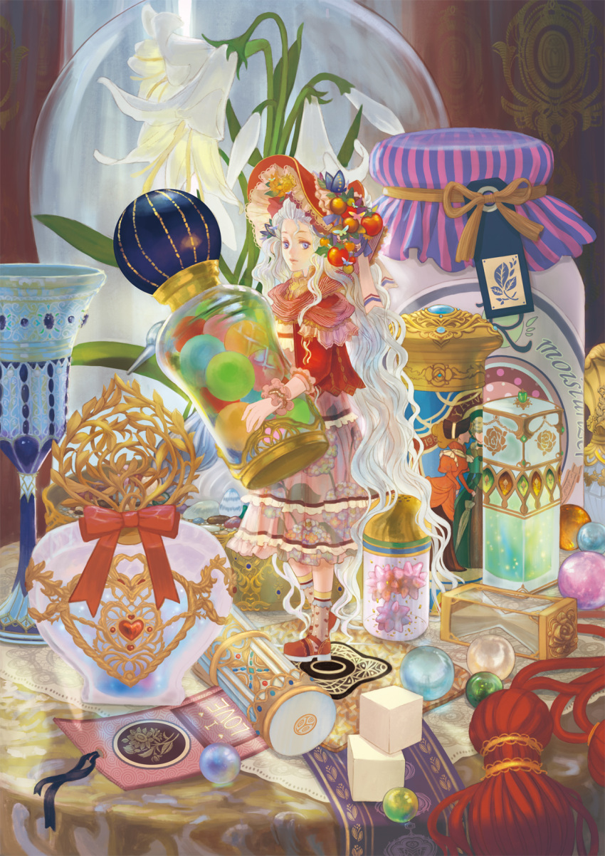 Safebooru - blue eyes bonnet bottle dress floral print flower food food ...