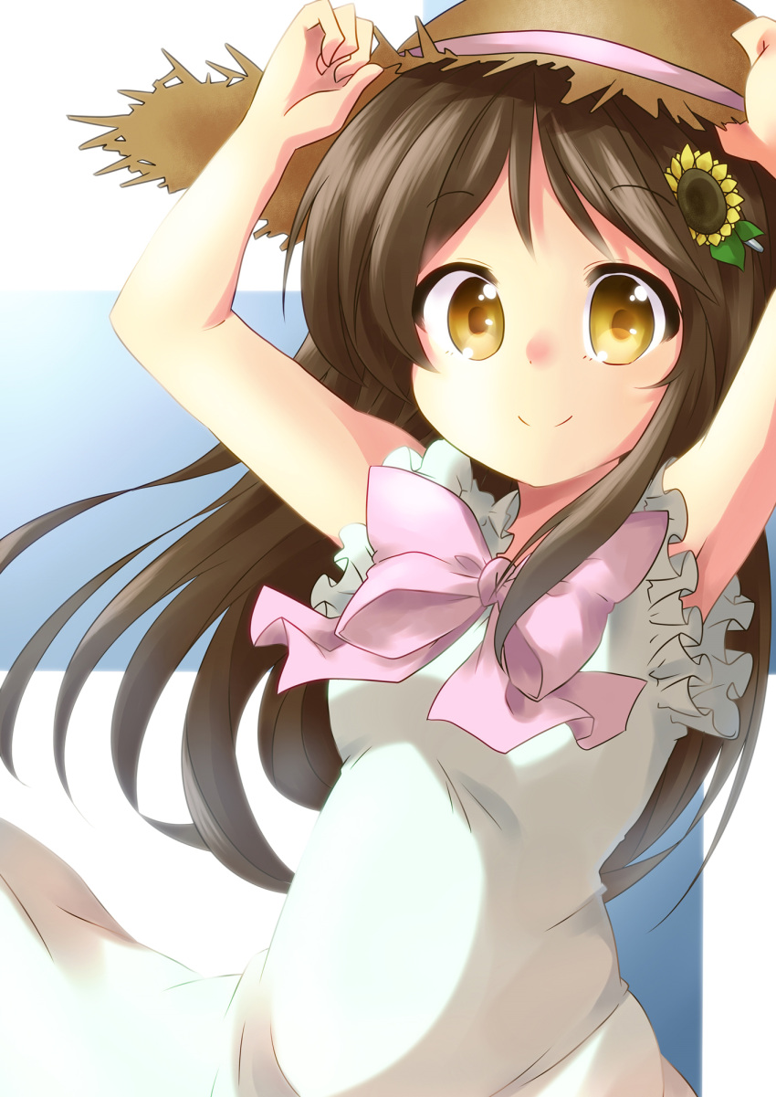 Safebooru - 1girl arms up brown eyes brown hair dress hair ornament hairpin hat highres long ...