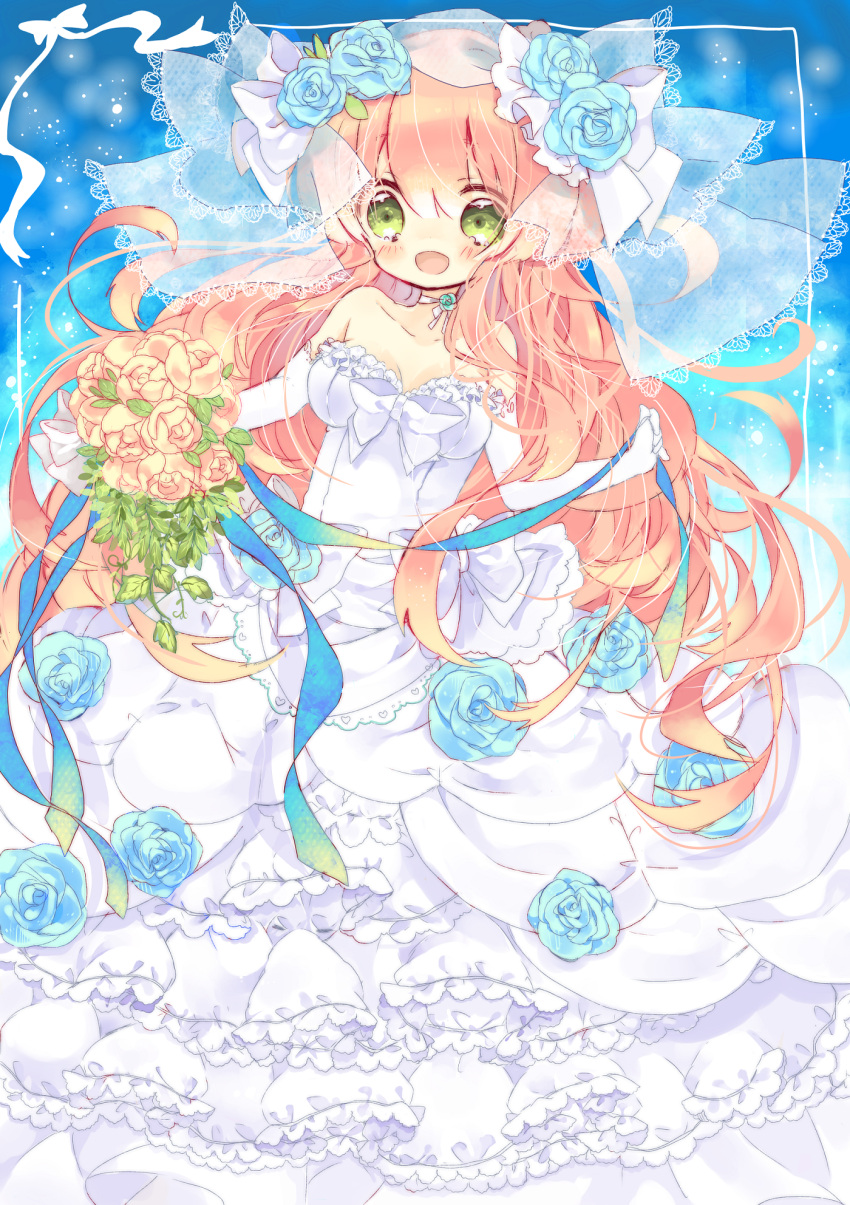 Safebooru - 1girl :d blue background blue rose bouquet bow dress flower ...