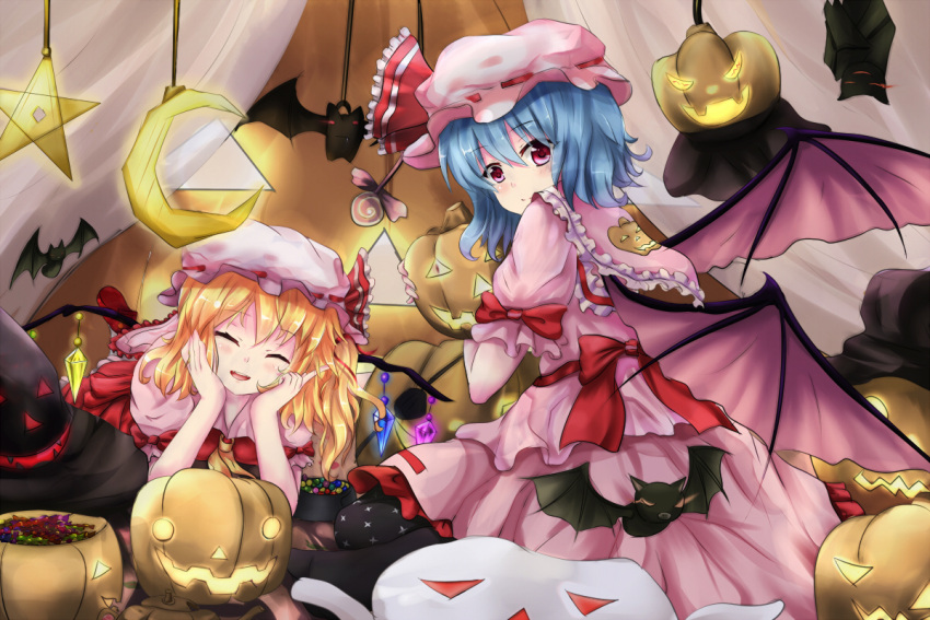 Safebooru - 2girls bat wings blonde hair blue hair capelet elbow rest flandre scarlet halloween ...