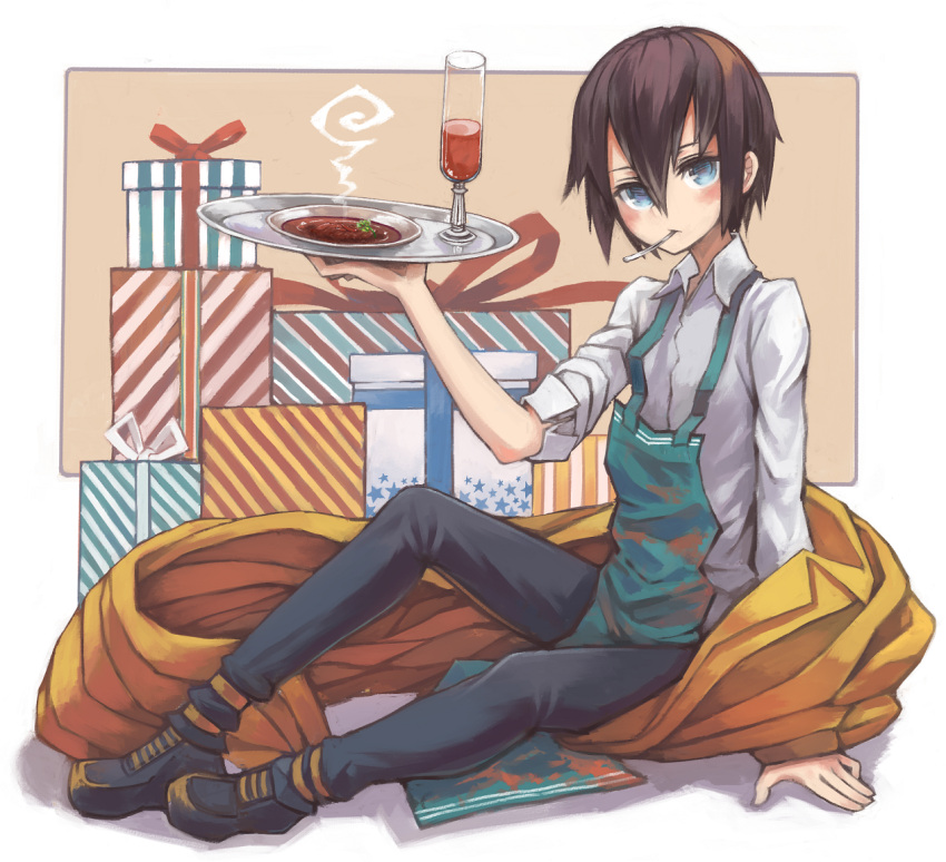 Safebooru - 1girl alcohol apron blue eyes brown hair cup gift kino kino ...