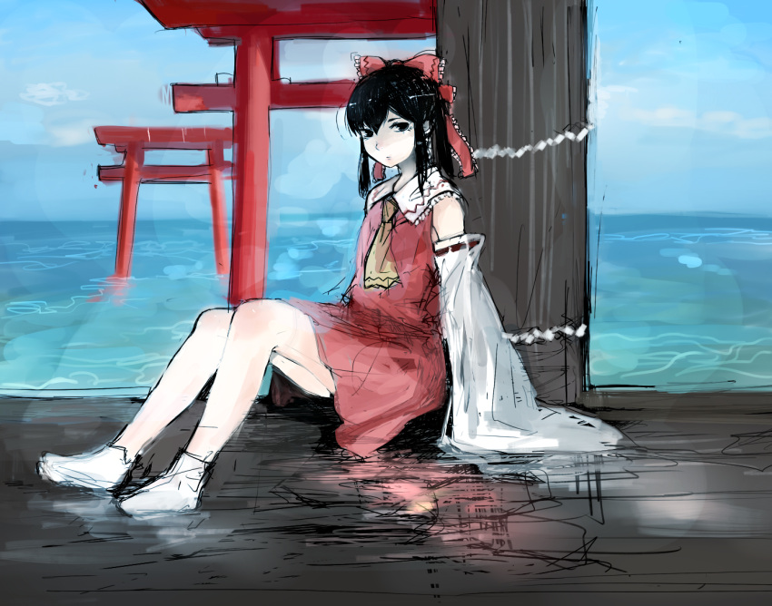 Safebooru - detached sleeves hakurei reimu sitting sketch socks torii ...