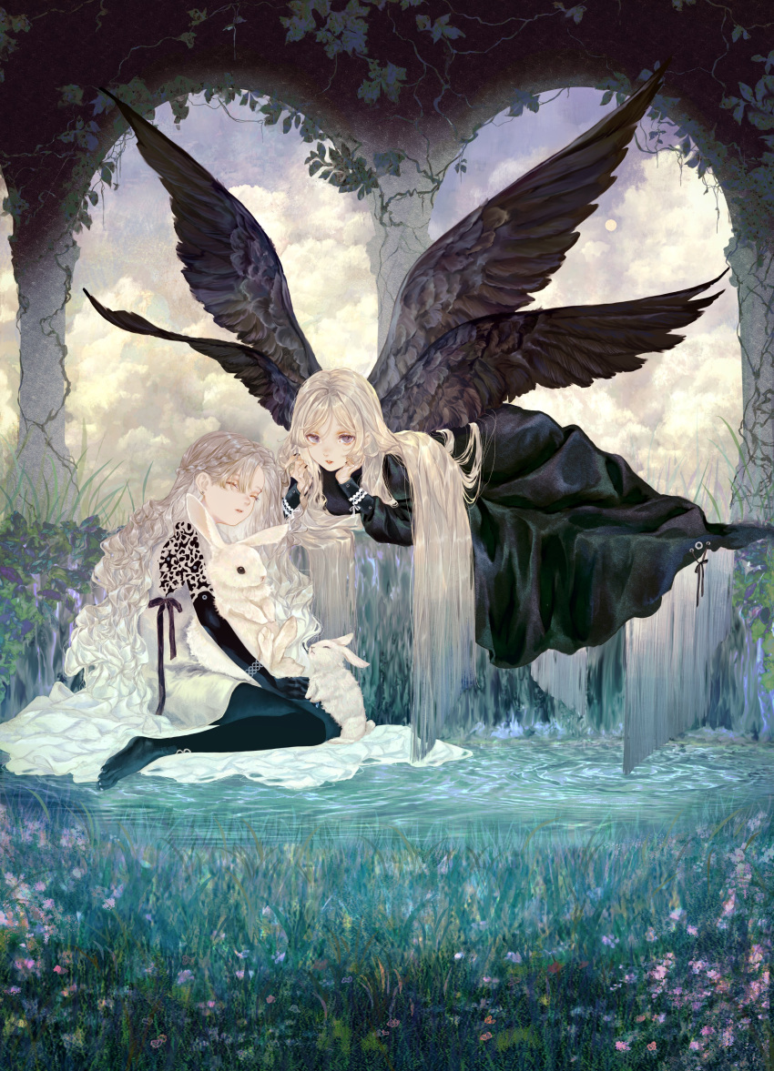 Safebooru 2girls Absurdres Arch Black Dress Black Wings Braid Closed
