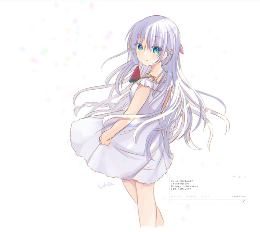 Safebooru - 1girl = hair ornament backlighting blue eyes commentary commission dress eyes ...