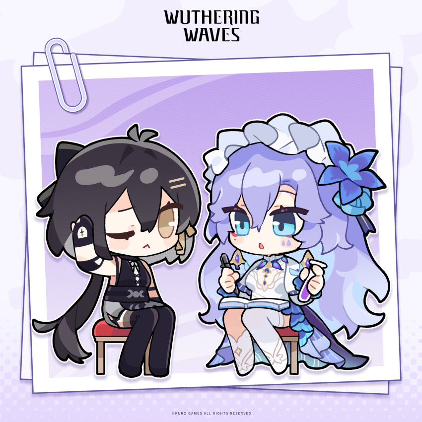 Safebooru - 2girls asymmetrical legwear black bow black gloves black ...