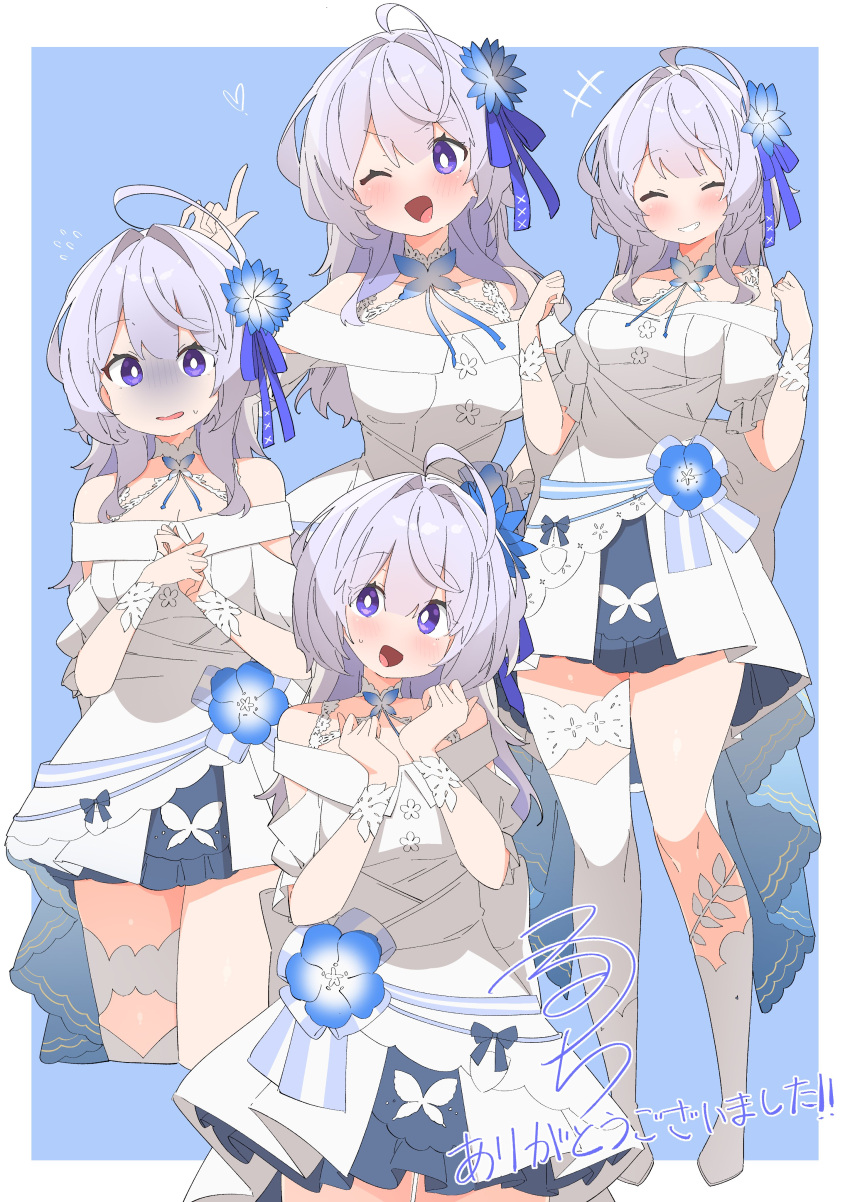 Safebooru - 1girl absurdres ahoge animal print asymmetrical legwear bare shoulders blue flower ...