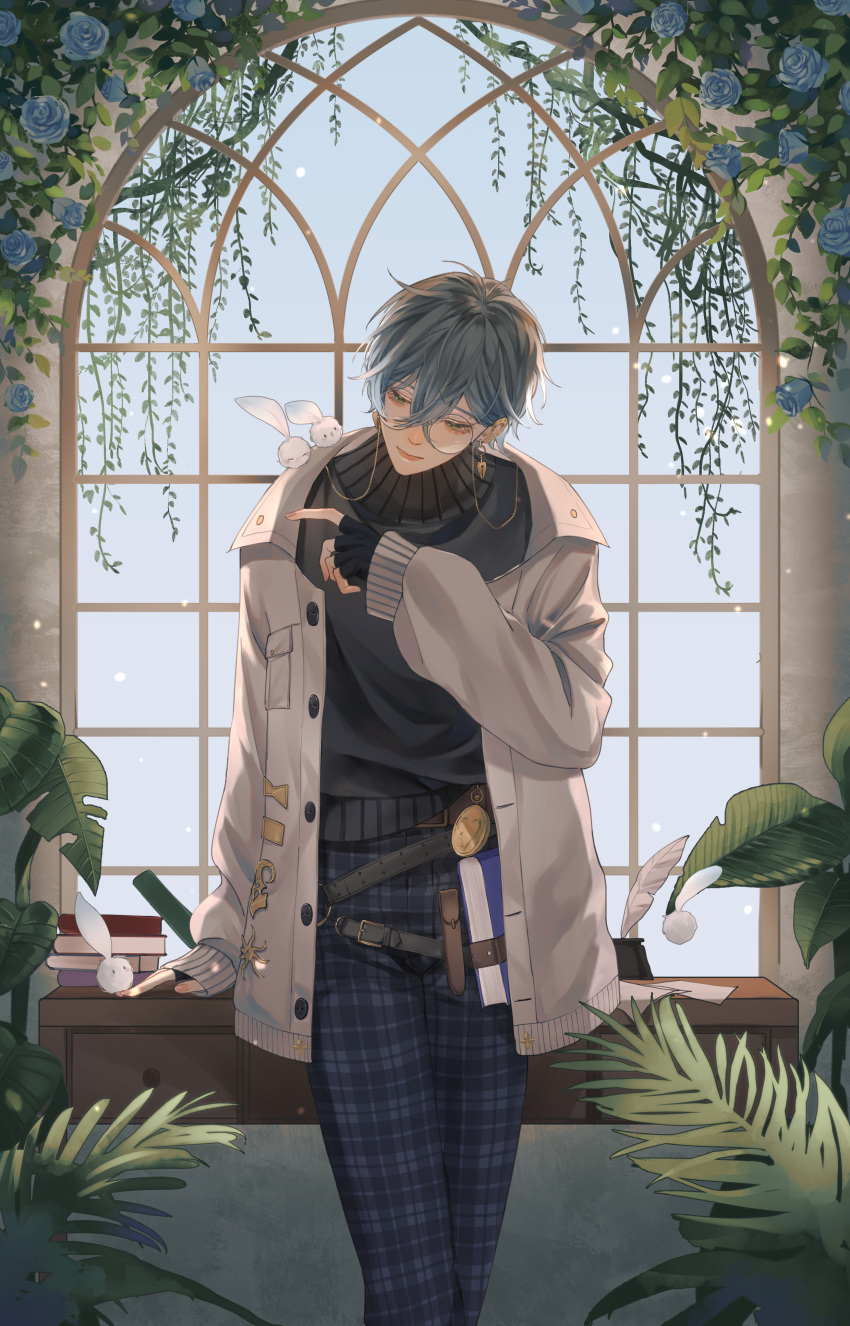 Safebooru - 1boy absurdres belt black shirt blue flower blue rose earrings english commentary ...