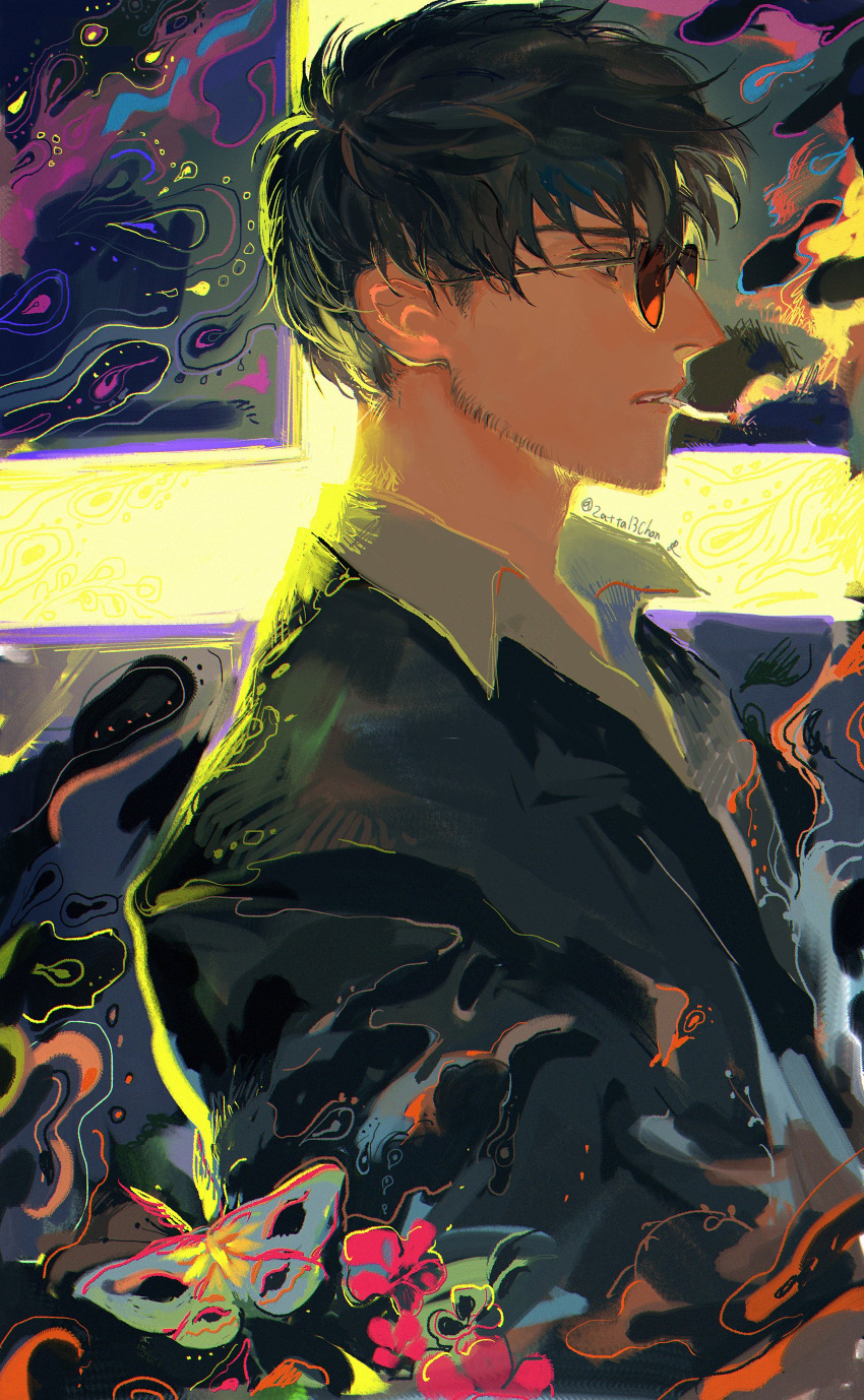 Safebooru - 1boy absurdres beard stubble black hair black jacket bug butterfly cigarette ...