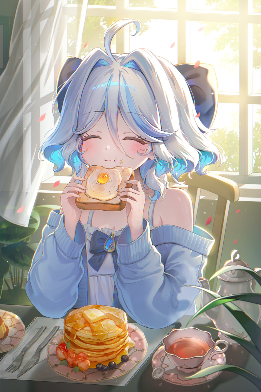 Safebooru - 1girl ^ ^ absurdres ahoge alternate costume bare shoulders blue bow blue gemstone ...