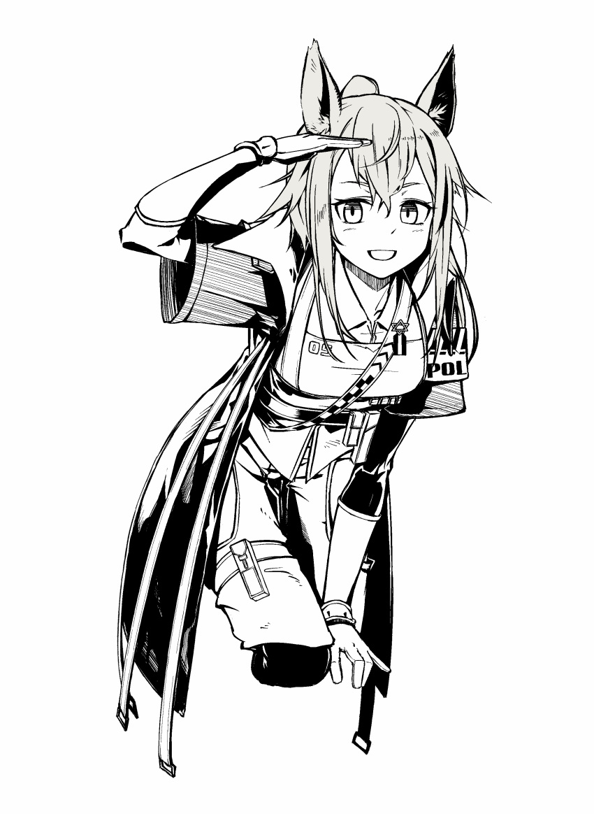 Safebooru - 1girl :d absurdres animal ears arknights arm up commentary cropped legs gloves grani ...