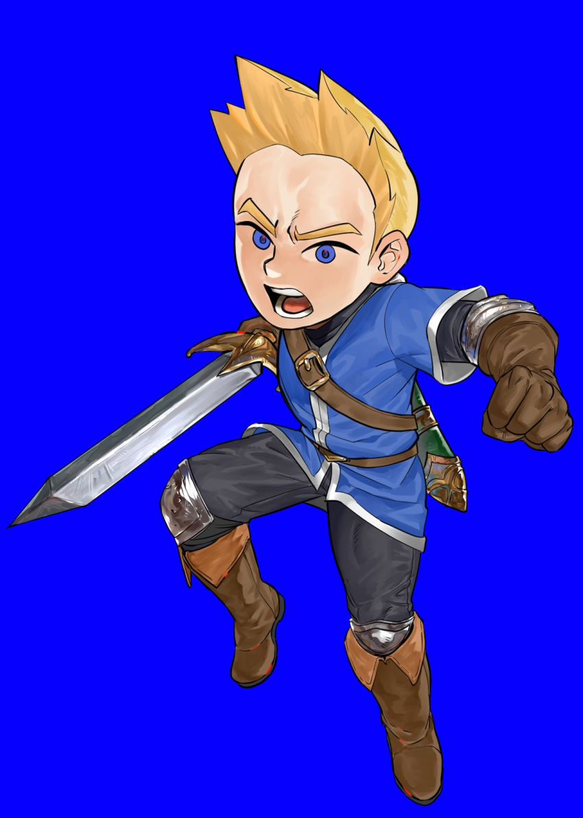 Safebooru - armor belt black pants blonde hair blue background blue ...