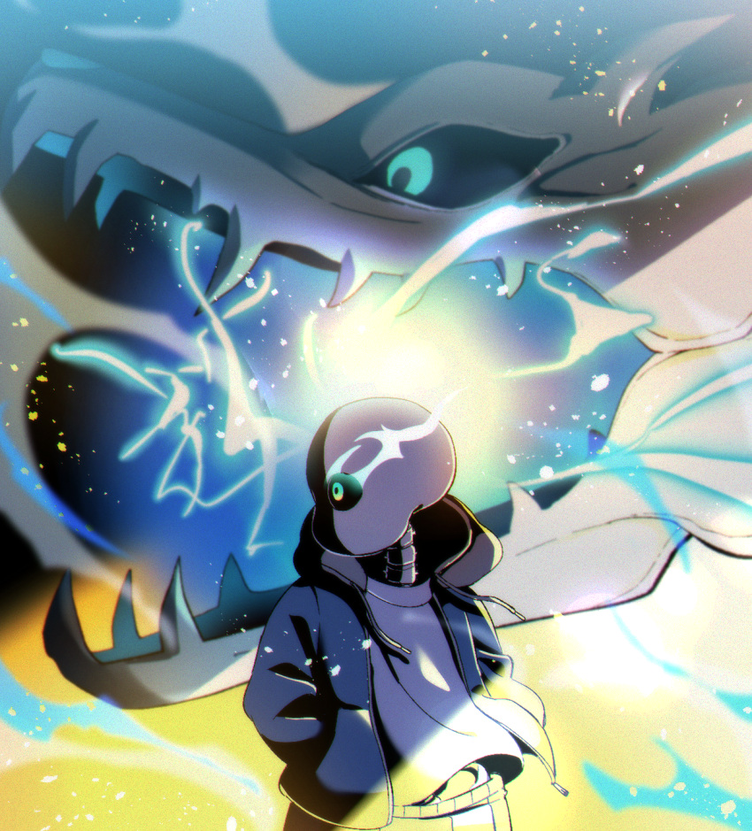 Safebooru - 1boy black shorts blue jacket colored sclera energy ball ...