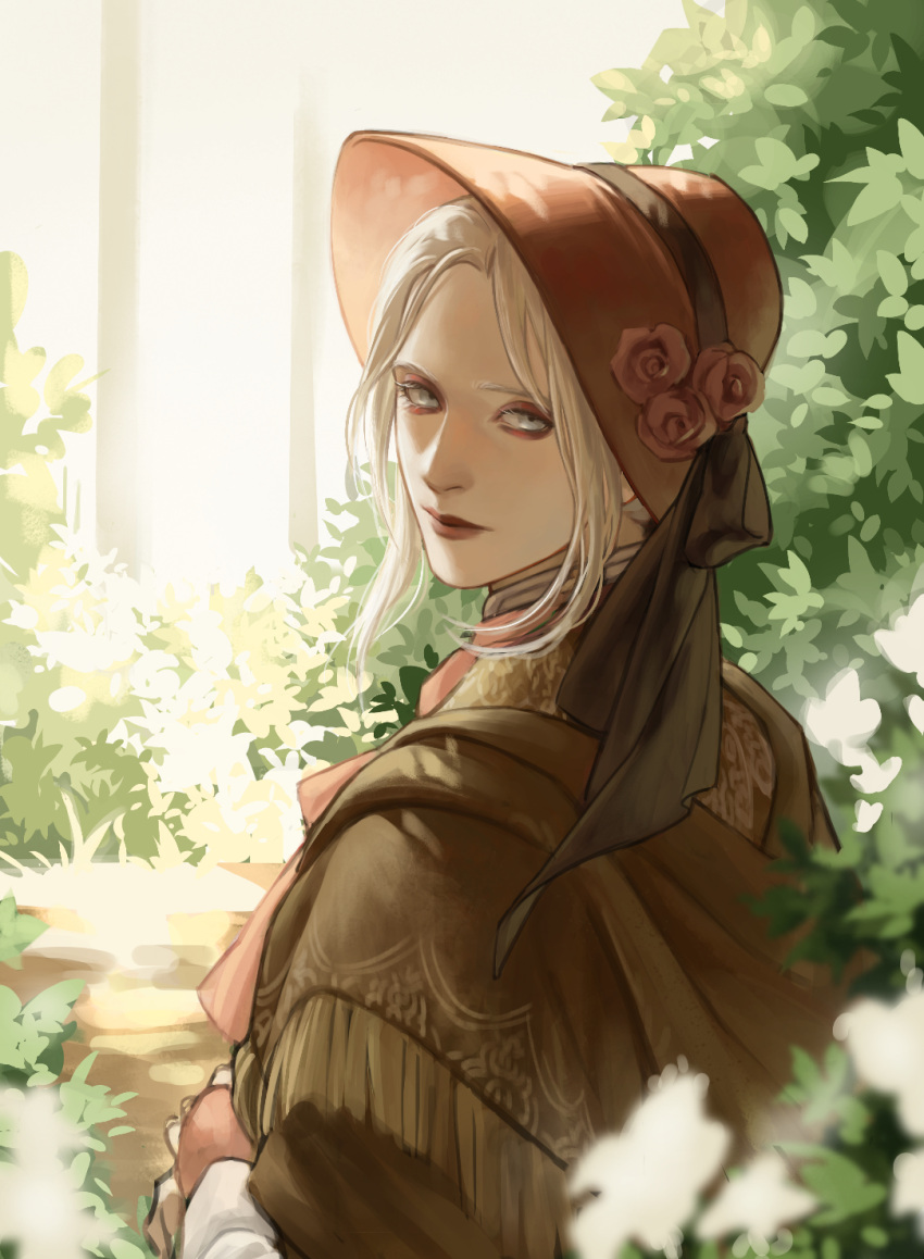 Safebooru - 1girl ascot bloodborne bonnet brown dress closed mouth dress flower frilled dress ...