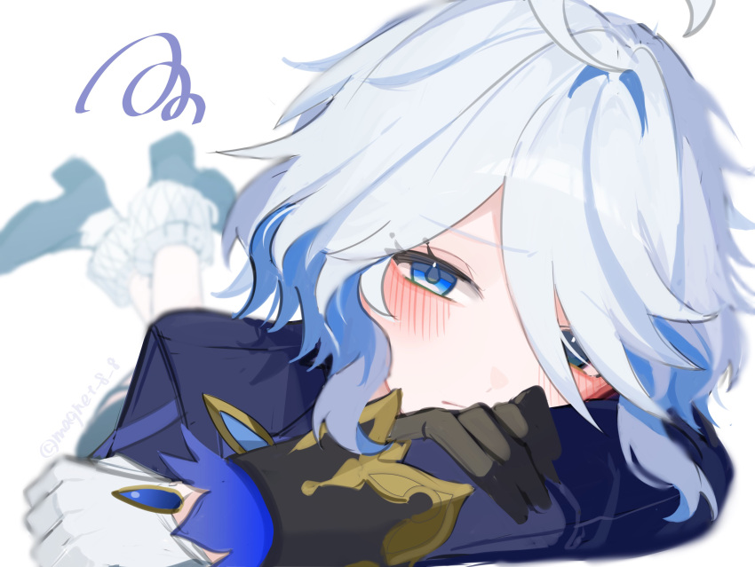 Safebooru - 1girl absurdres ahoge asymmetrical gloves black gloves black shoes blue eyes blue ...