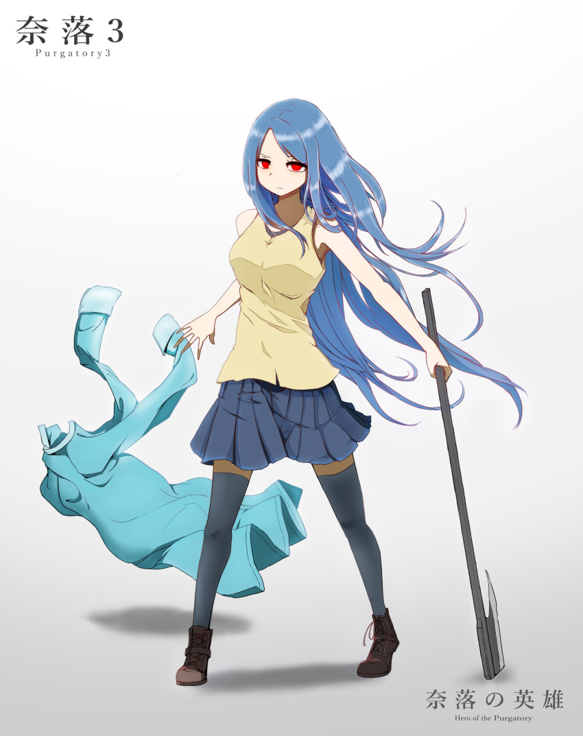 Safebooru - 1girl axe bare shoulders black thighhighs blue coat blue hair blue skirt coat empty ...