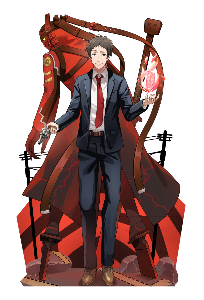 Safebooru - 1boy absurdres adachi tooru armor belt black jacket black pants black suit brown ...