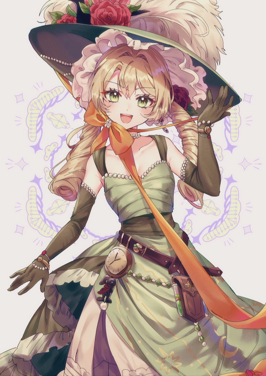 Safebooru - 1girl :d absurdres adjusting clothes adjusting headwear bare shoulders belt belt ...