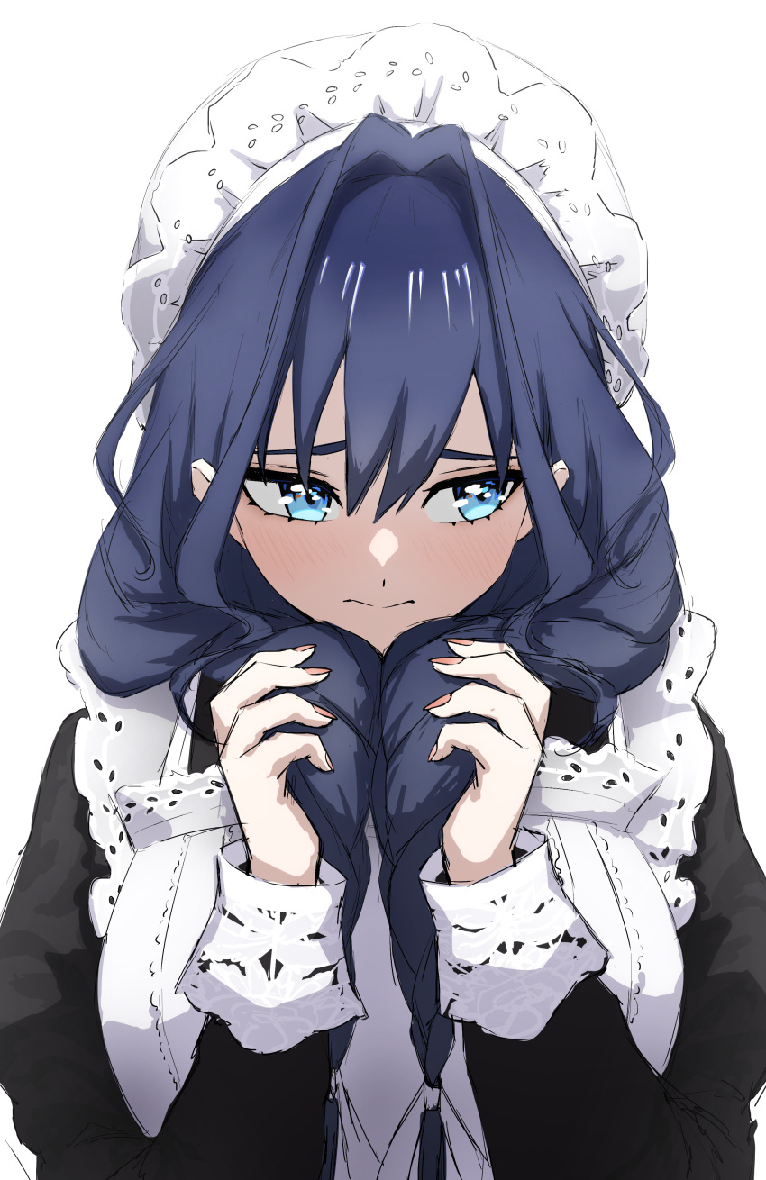 Safebooru - 1girl absurdres apron blue eyes blue hair braid breasts closed mouth commentary ...