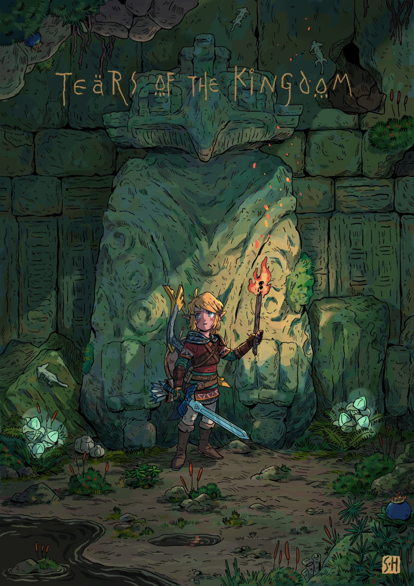 Safebooru - blonde hair cave cave interior highres holding holding ...