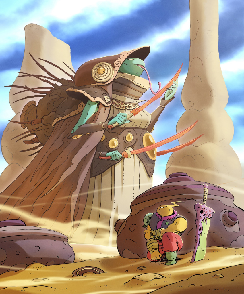 Safebooru - 1boy armor bandaged arm bandages boots cloak desert dress dust extra arms facing to ...