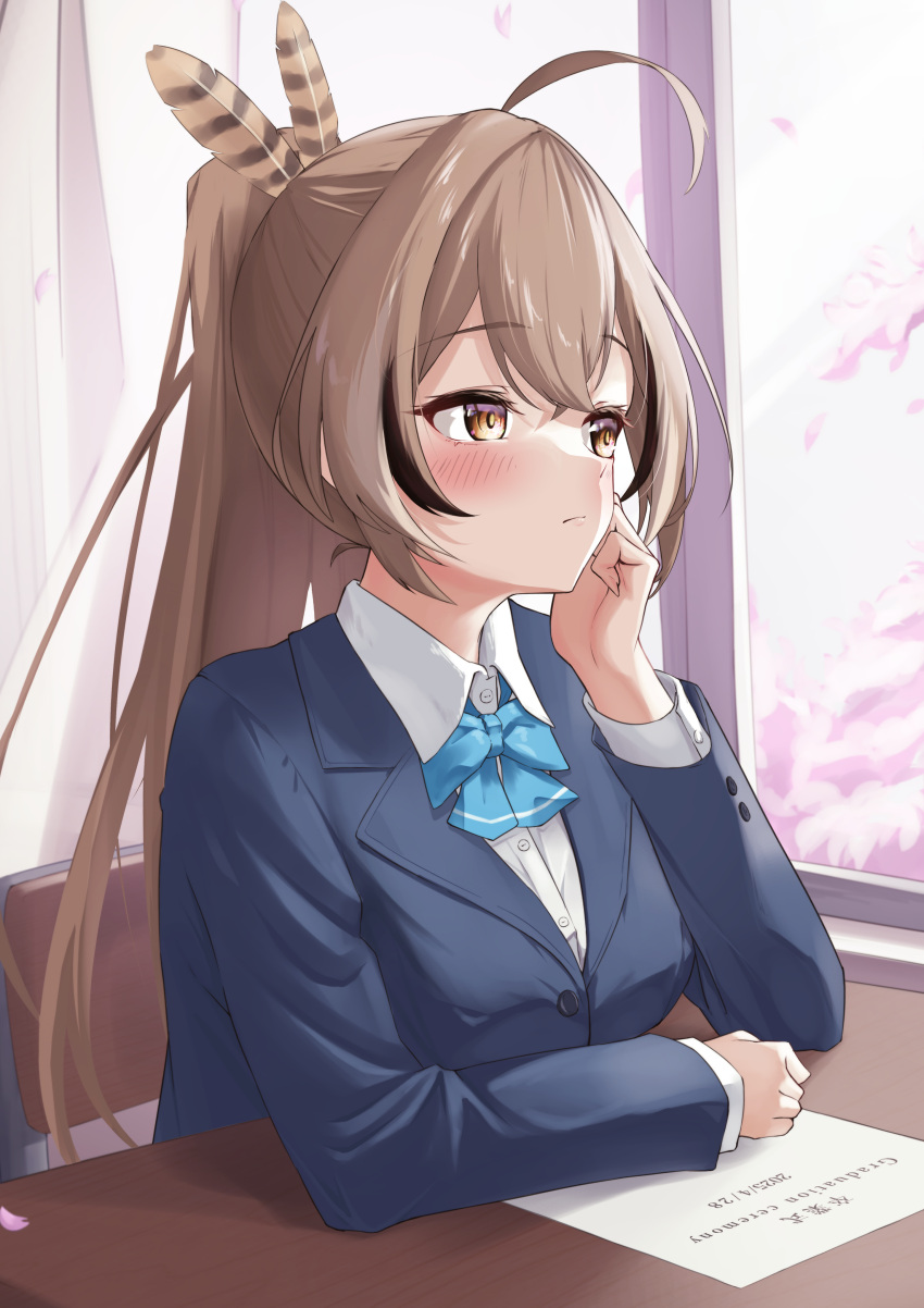 Safebooru - 1girl absurdres ahoge alternate costume blazer blue bow blue jacket bow brown eyes ...