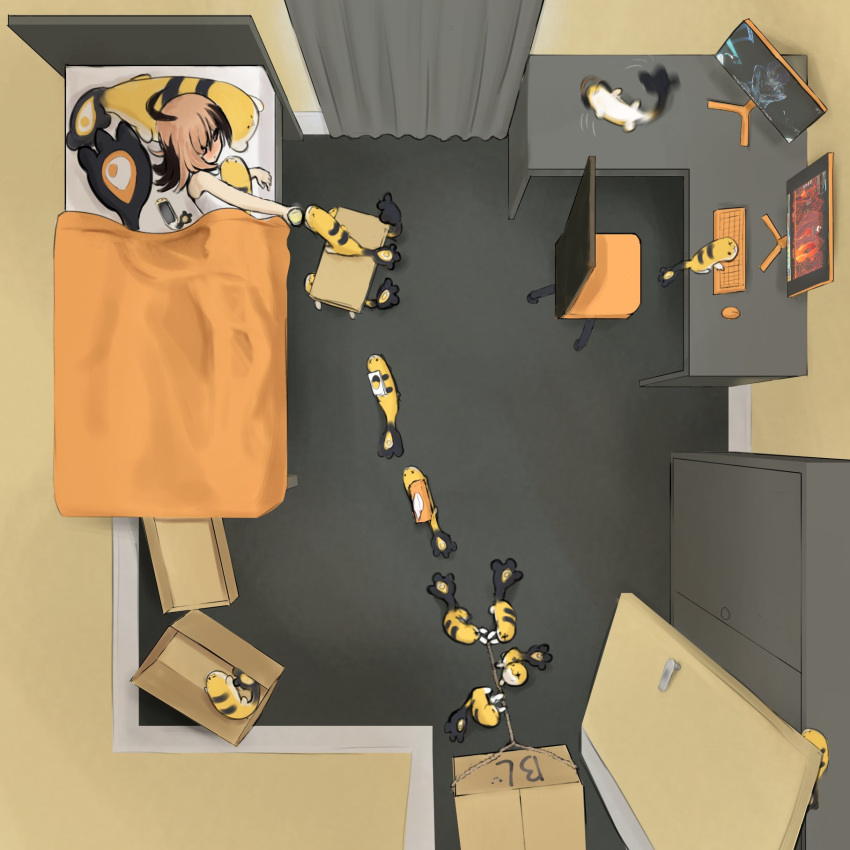 Safebooru - 1girl bedroom blush box brown hair cardboard box chair ...