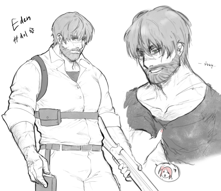 Safebooru - 1boy 1other arm hair beard belt belt pouch character name chest hair commentary ...