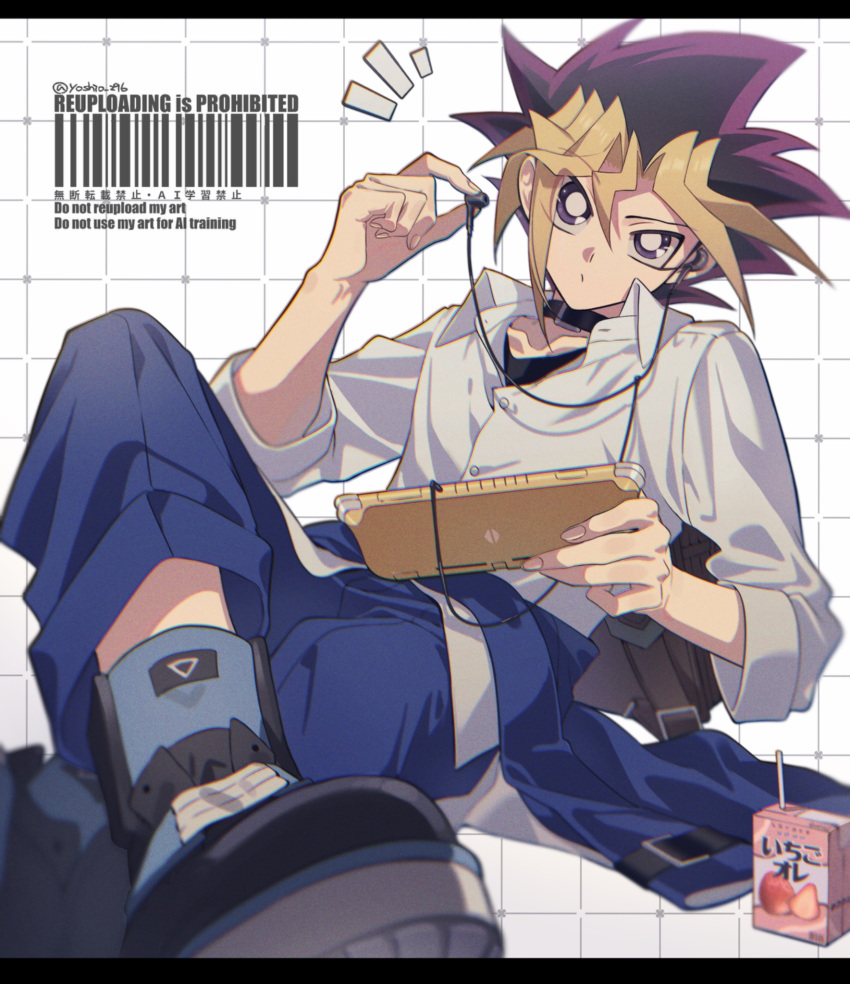 Safebooru - 1boy blonde hair blue pants crossed legs highres male focus ...