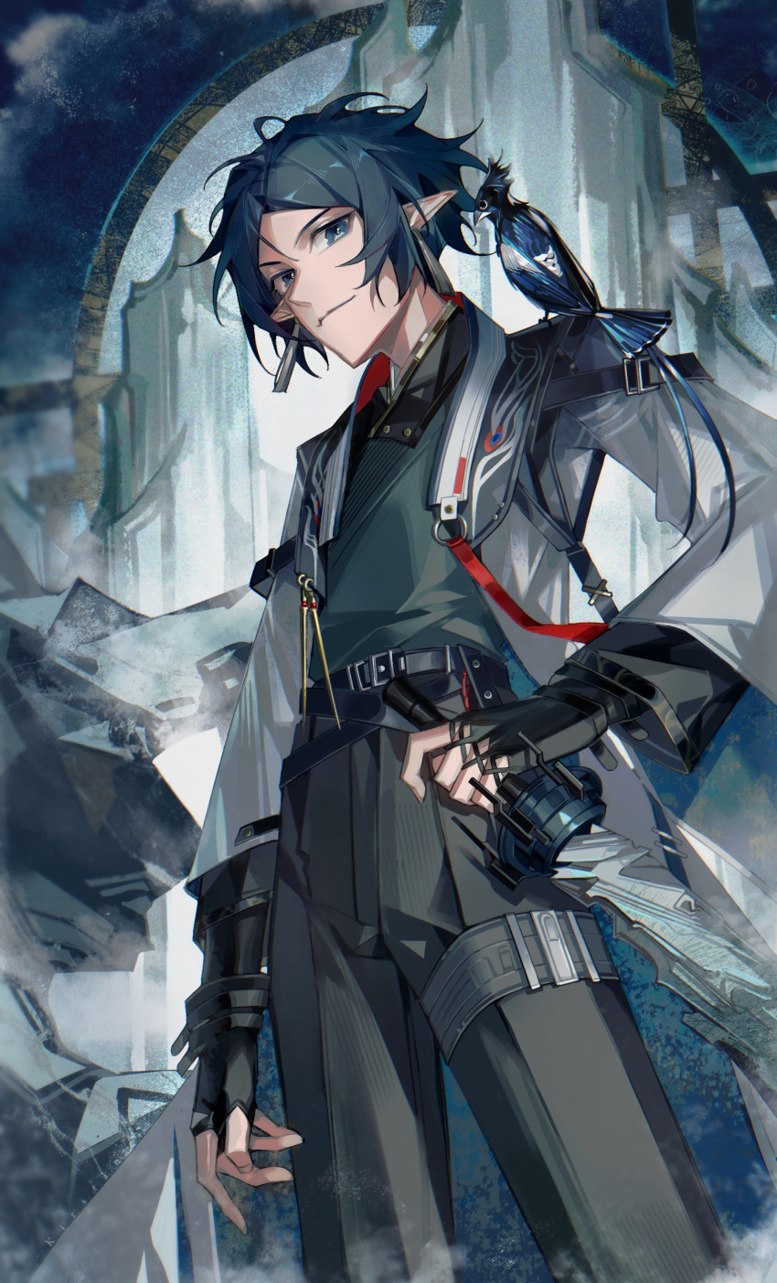 Safebooru - 1boy absurdres animal animal on shoulder arknights bird bird on shoulder black ...