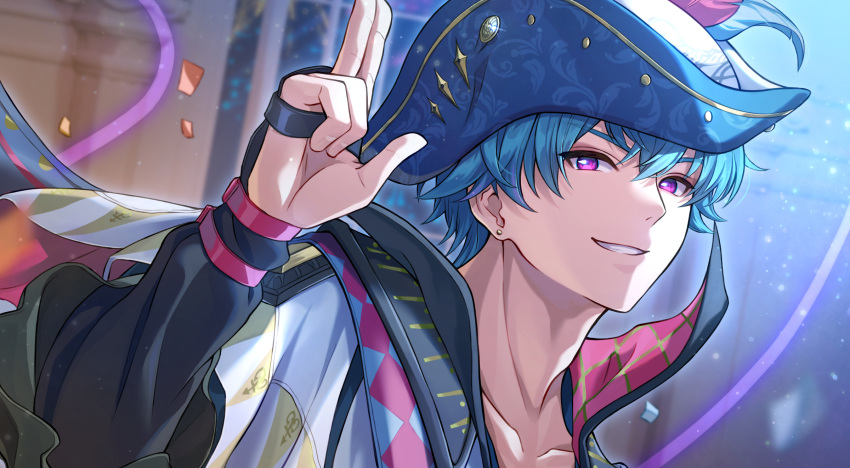 Safebooru - 1boy blue hair brant (wuthering waves) commentary ear piercing earrings hat hat ...